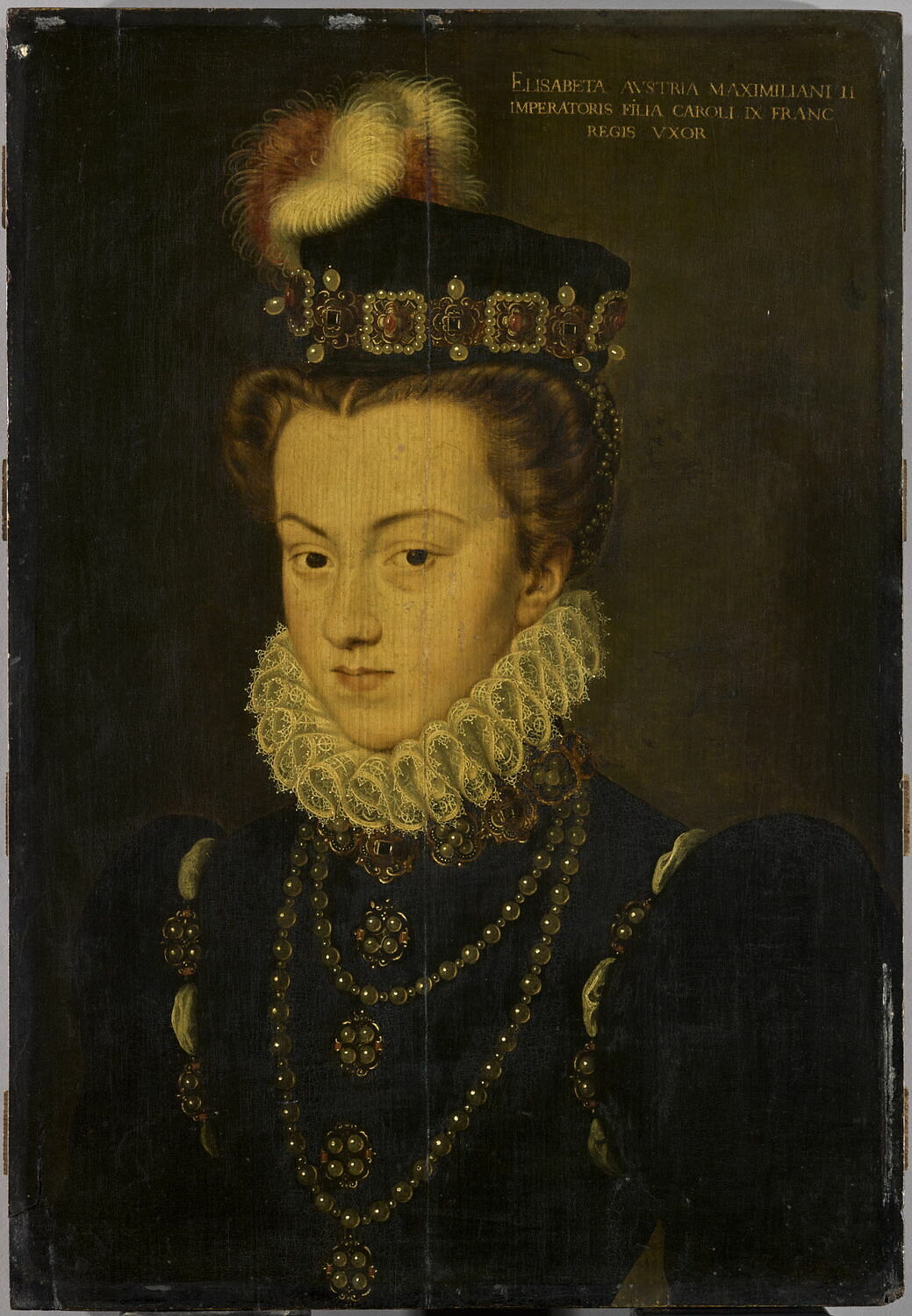 Élisabeth d'Autriche (1554-1592), reine de France, femme de Charles IX., en buste avec toque à ...