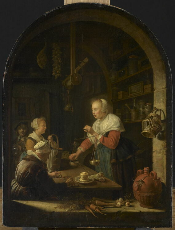 L'Épicière de village, avec le portrait du peintre à l'arrière-plan ...