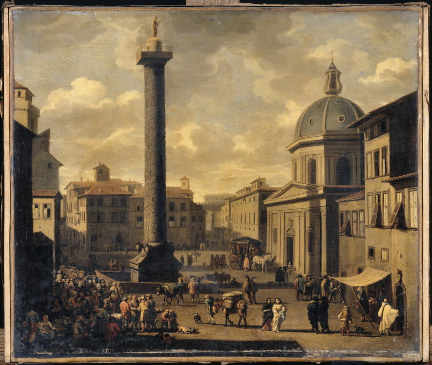 Vue de la place Colonna à Rome avec la Colonne Trajane et de l'église ...